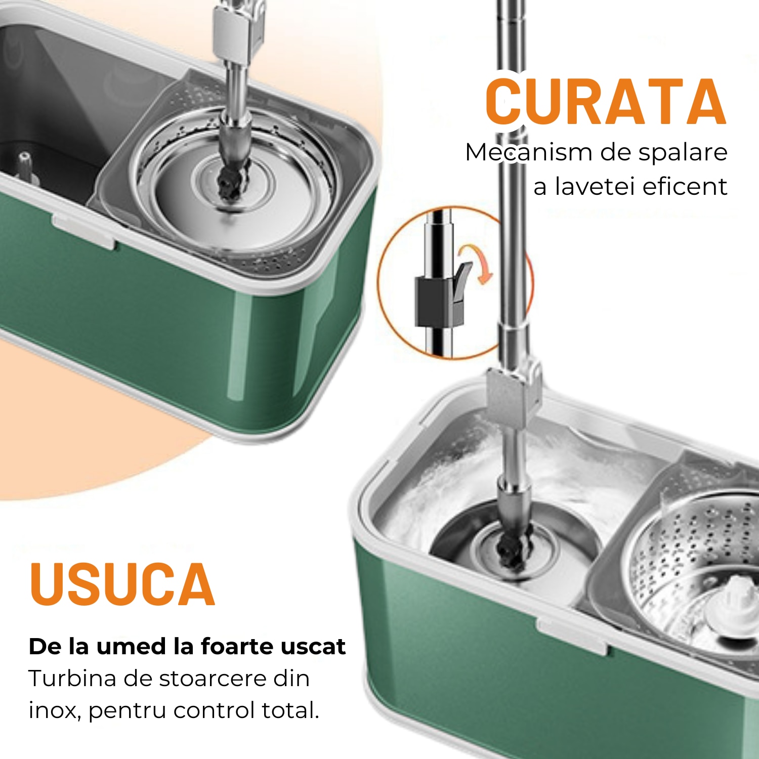 Set galeata mop DreamRamp cu centrifuga din inox patrata, finisaj ...