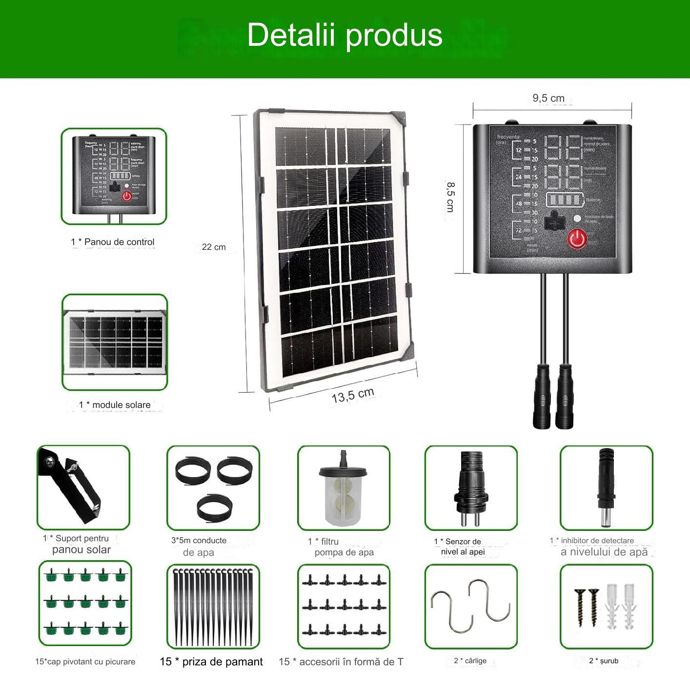 Kit sistem irigare prin picurare cu panou solar, cu 15 picuratoare ...
