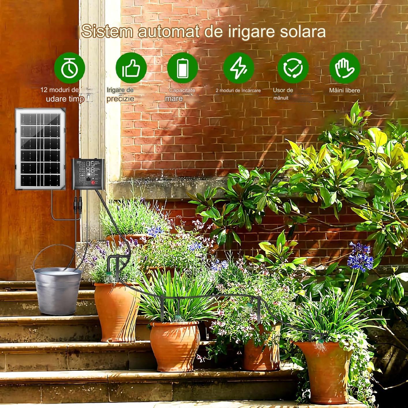 Kit sistem irigare prin picurare cu panou solar, cu 15 picuratoare ...