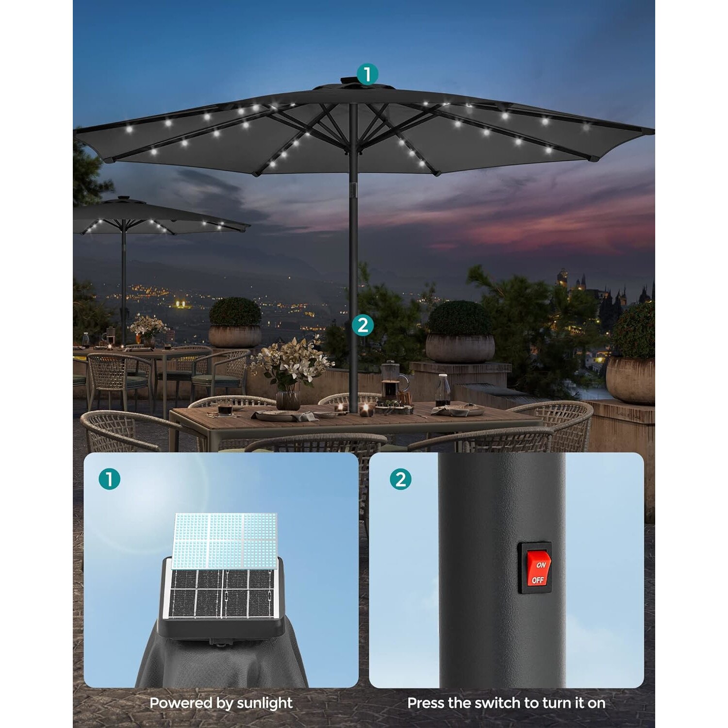 Umbrela de gradina SONGMICS, iluminare LED solara, cu manivela pentru ...