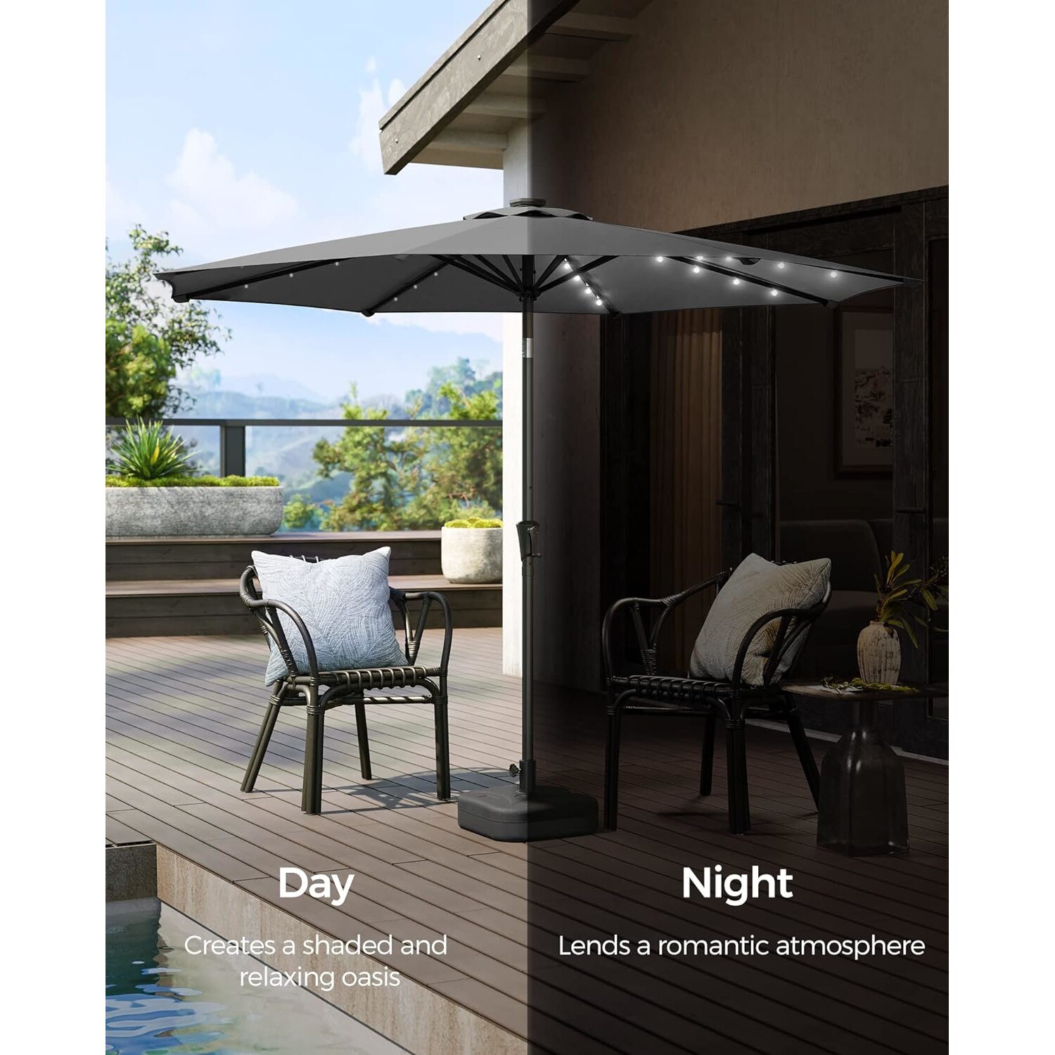 Umbrela de gradina SONGMICS, iluminare LED solara, cu manivela pentru ...