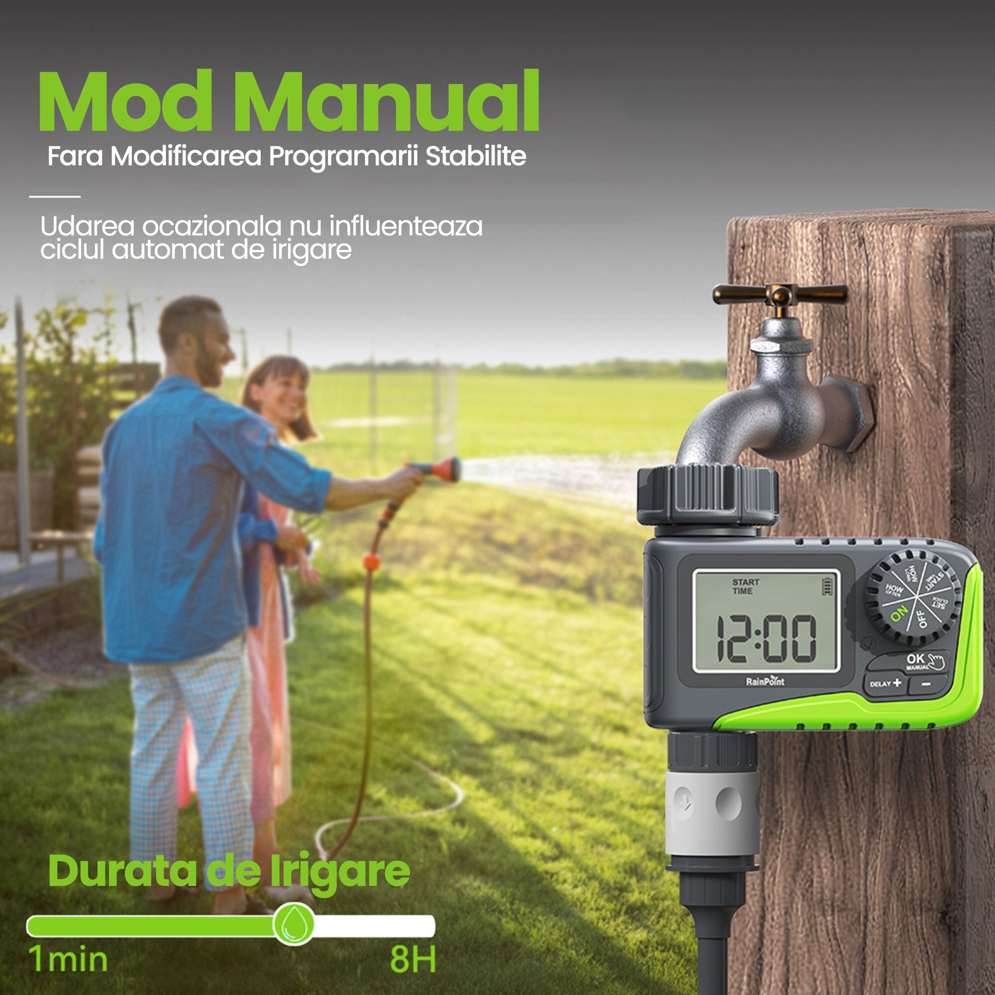 Programator irigatii RainPoint, 2 Moduri+ Ajustare volum, durata, 0 ...
