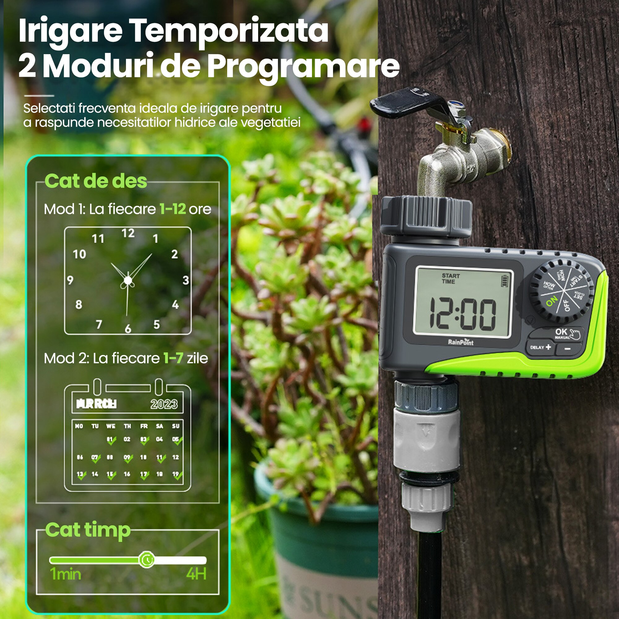 Programator irigatii RainPoint, 2 Moduri+ Ajustare volum, durata, 0 ...