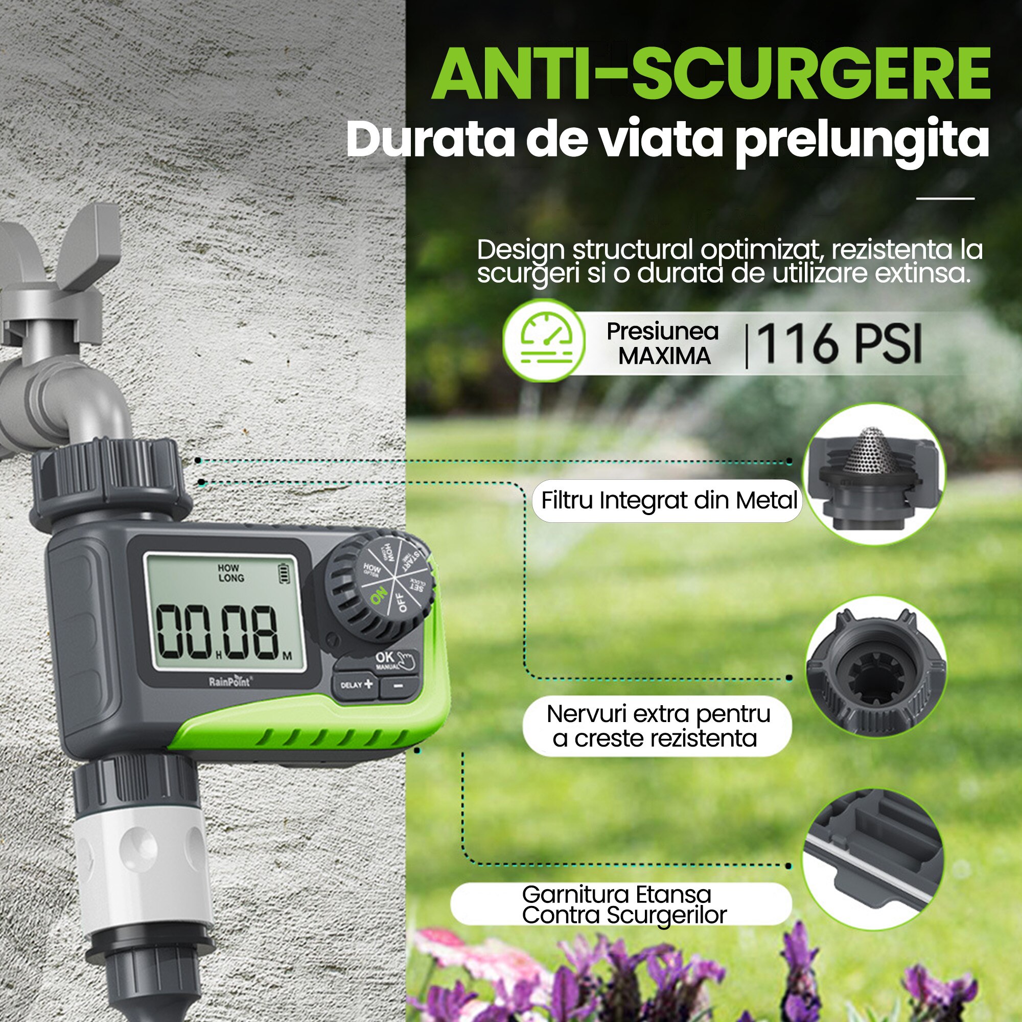 Programator irigatii RainPoint, 2 Moduri+ Ajustare volum, durata, 0 ...