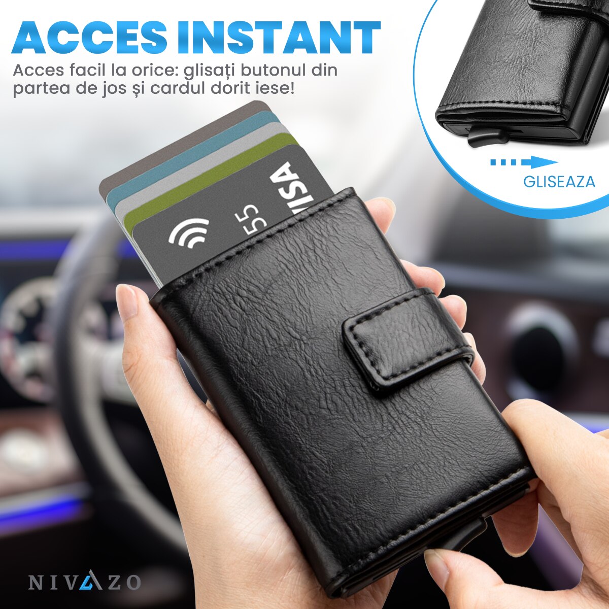 Portofel din piele Nivazo TVC204, 8-11 sloturi carduri, compartiment ...