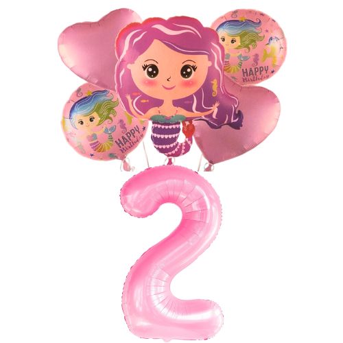 Set 6 baloane aniversare 2 ani, folie figurina Sirena, 2 rotunde Happy ...