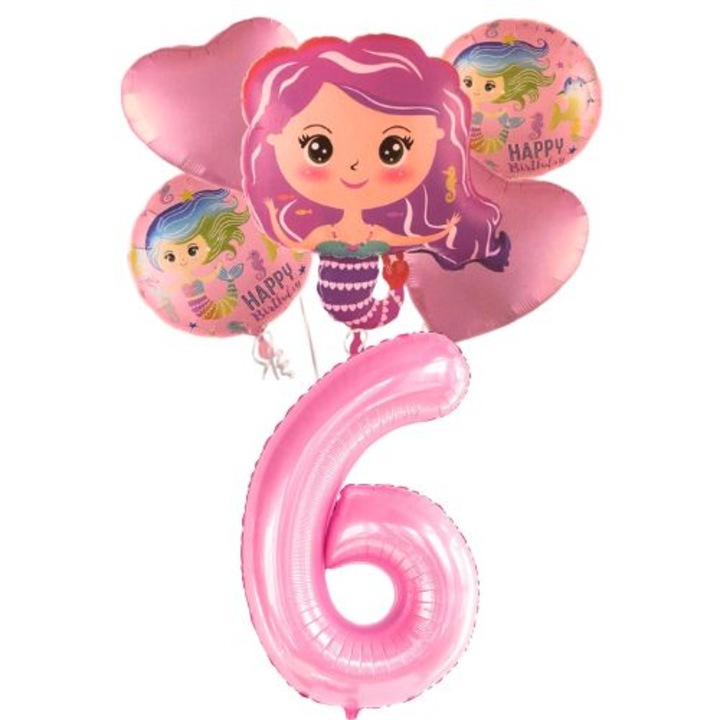 Set 6 baloane aniversare 6 ani, folie figurina Sirena, 2 rotunde Happy ...
