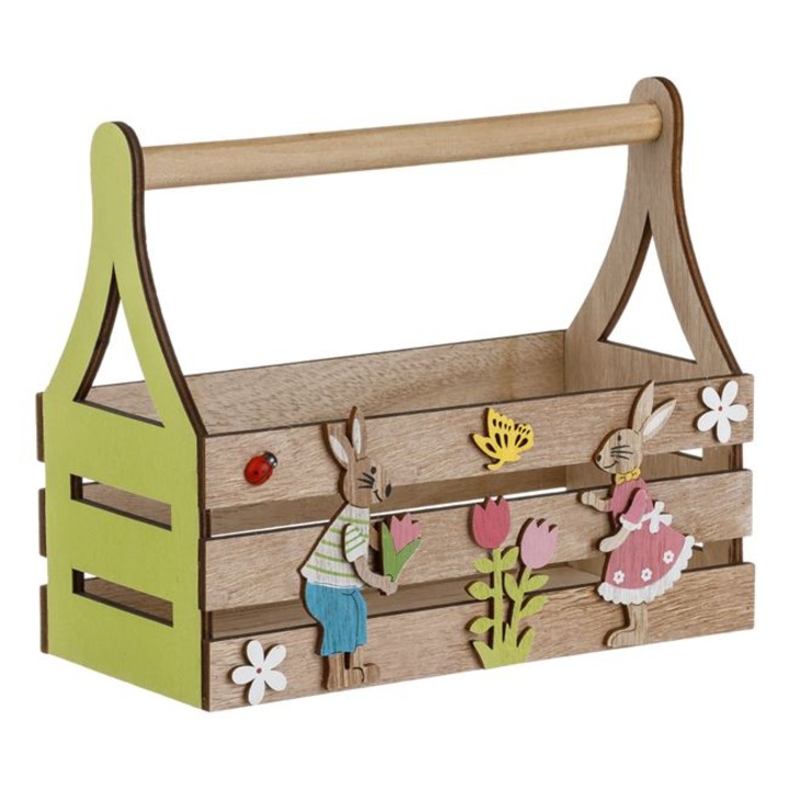 Cosulet decorativ din lemn cu iepurasi si flori pentru Paste ...