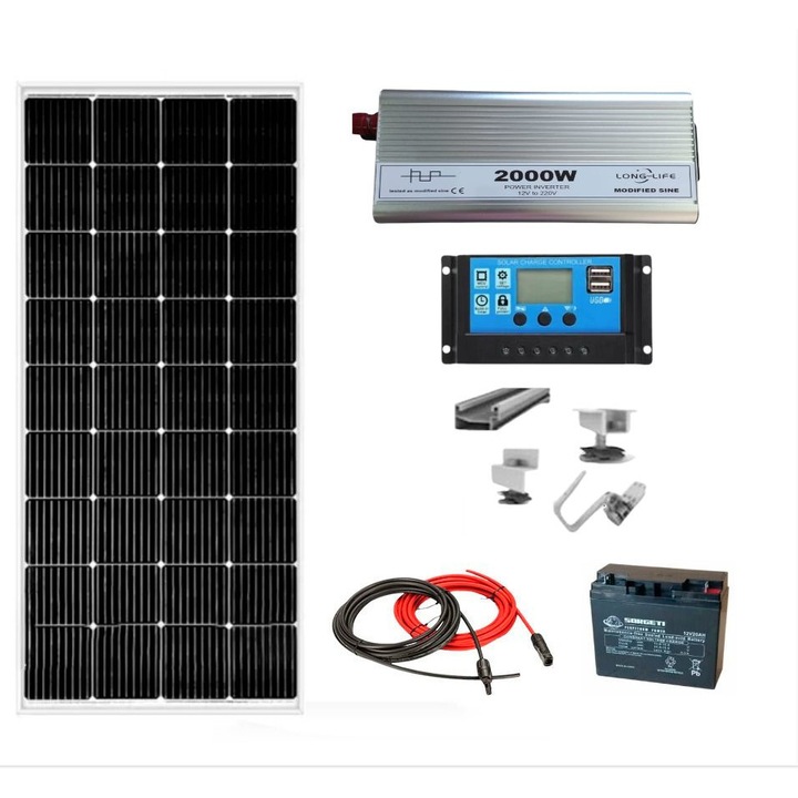 Kit solar fotovoltaic off grid invertor 2000W 12V, panou solar 200W ...