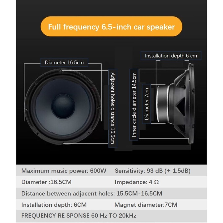 Set 2 boxe auto full-range 6.5 inch, negru, 50W RMS, 600W max, 60Hz ...
