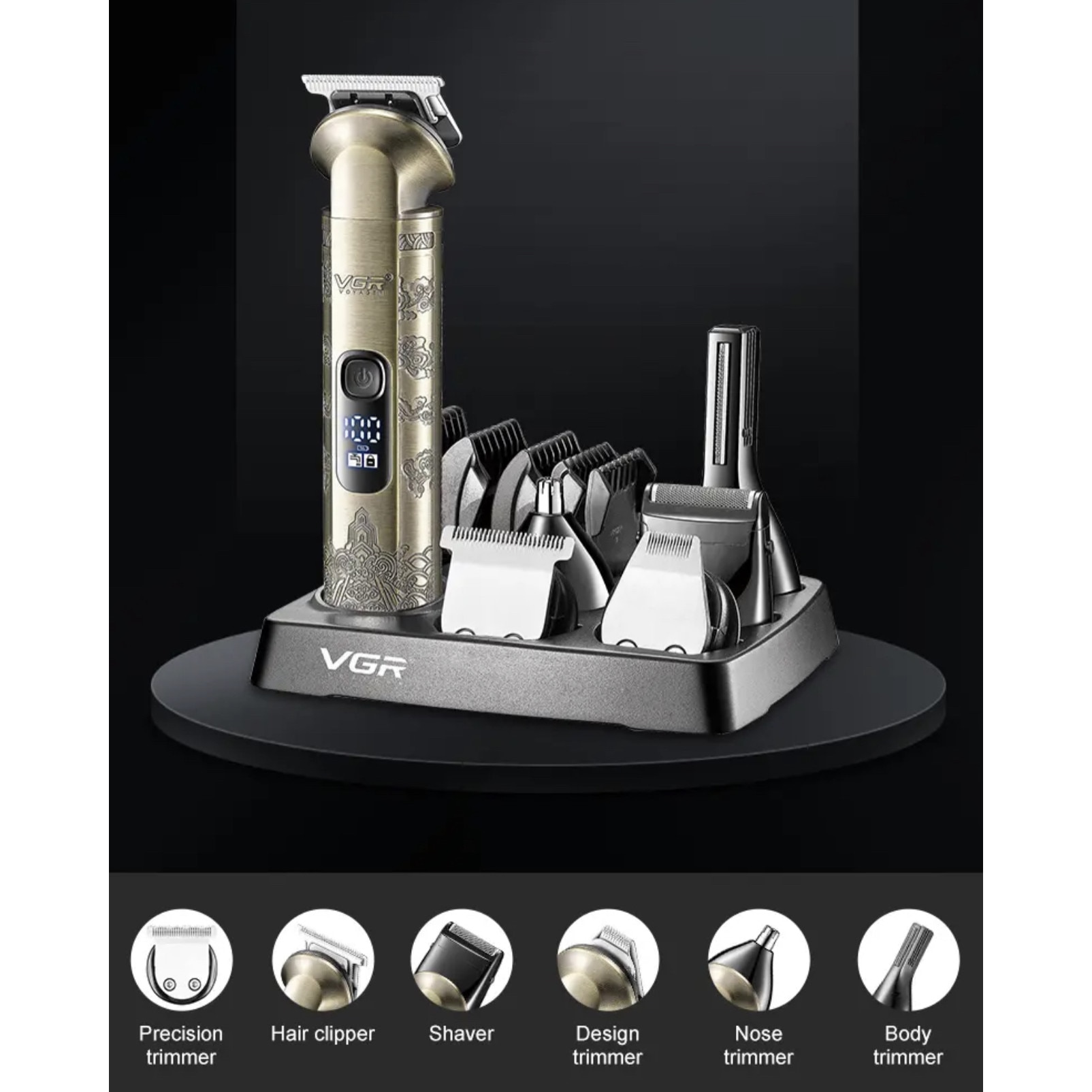 Masina de tuns profesionala cu acumulator, ASON ™️ VGR V-109, cu afisaj LED, 14 capete, saculet ...