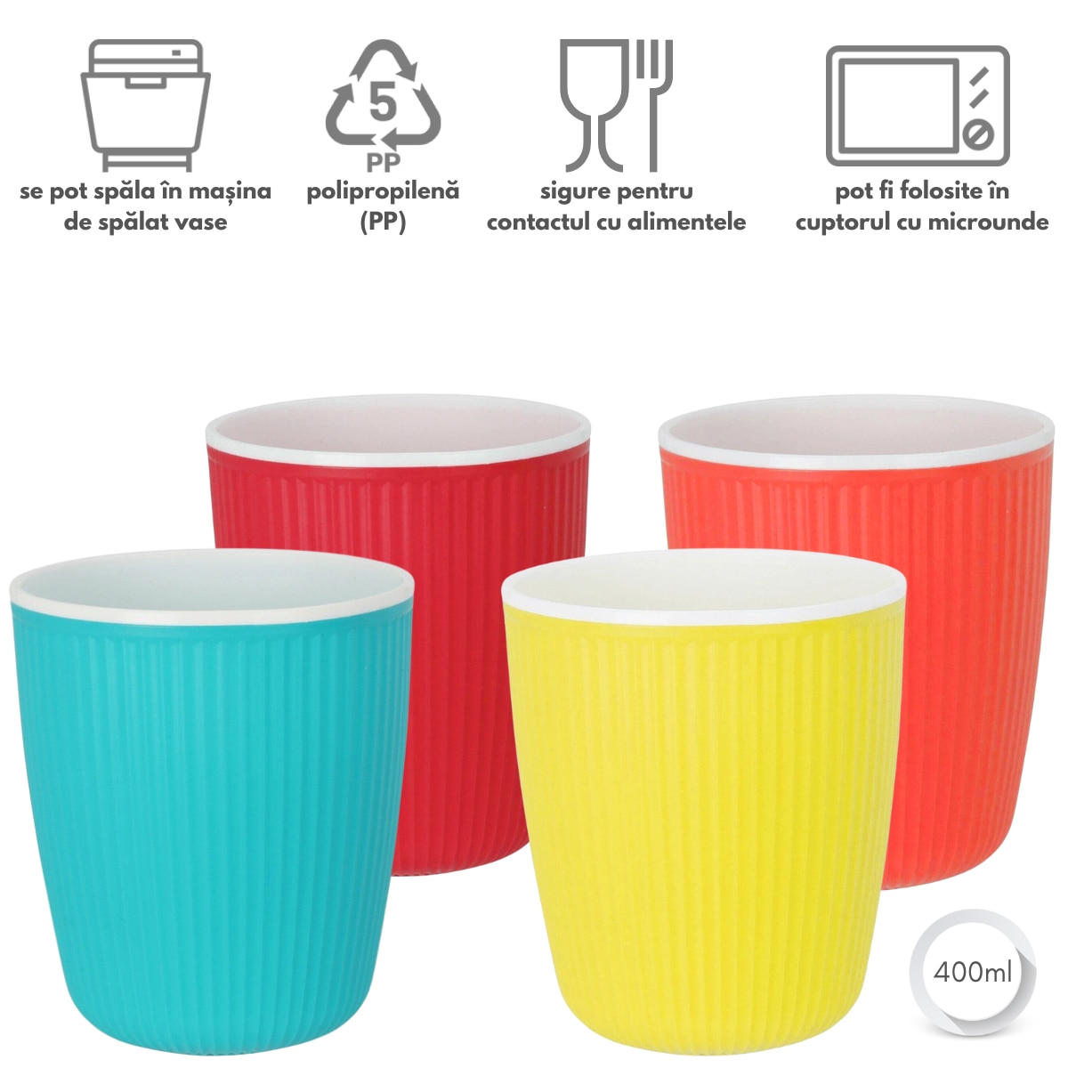 Set 4 Pahare plastic, Reutilizabile, 400ml, Multicolor, 10 x 8 cm - eMAG.ro