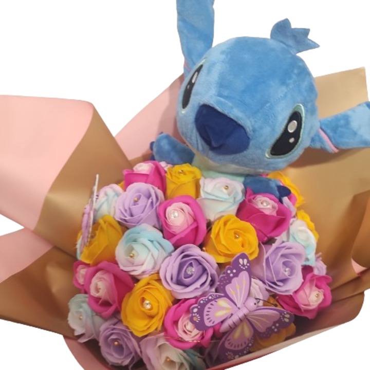 Buchet cu trandafiri de sapun parfumati si plus Stitch albastru - eMAG.ro