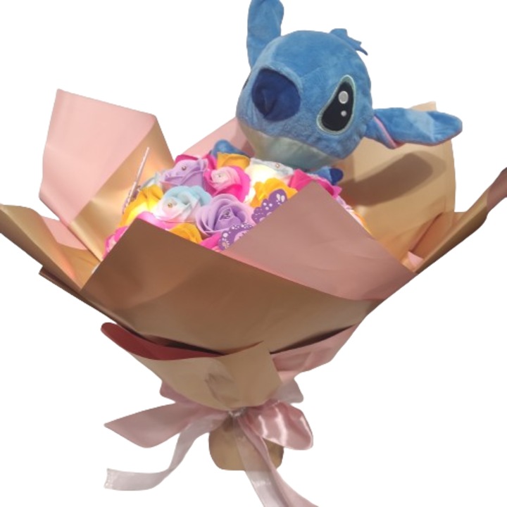 Buchet cu trandafiri de sapun parfumati si plus Stitch albastru - eMAG.ro