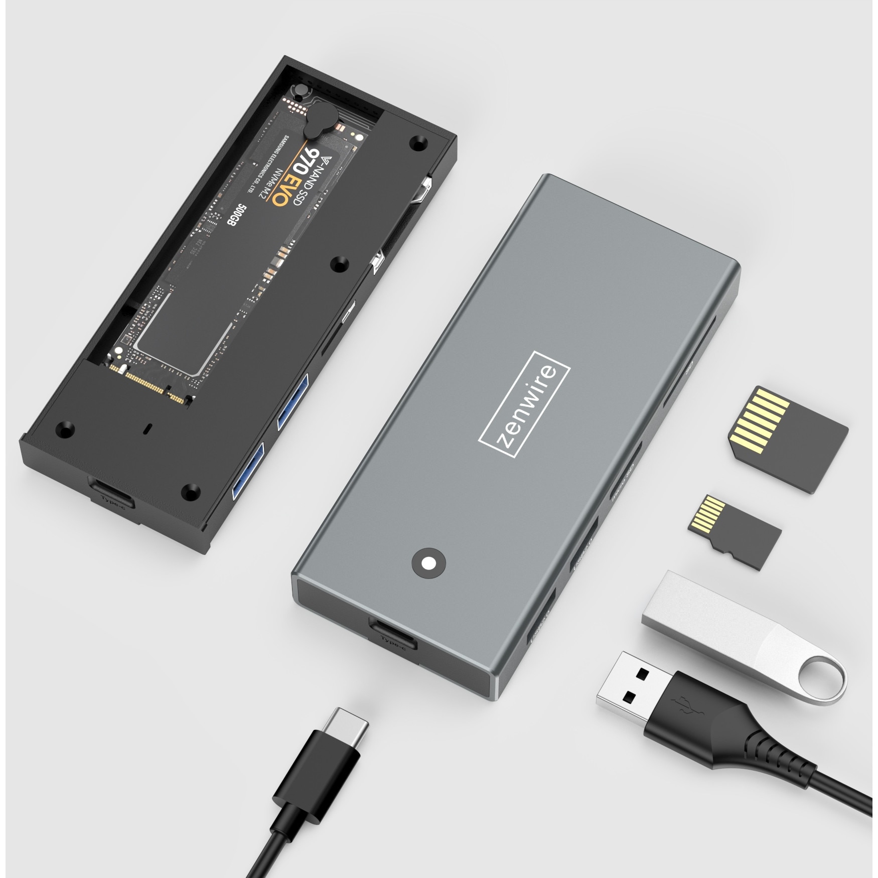 HUB rack Extern disk Zenwire® SSD M2 NVME PCIE SATA USB-C TF SD Adaptor ...