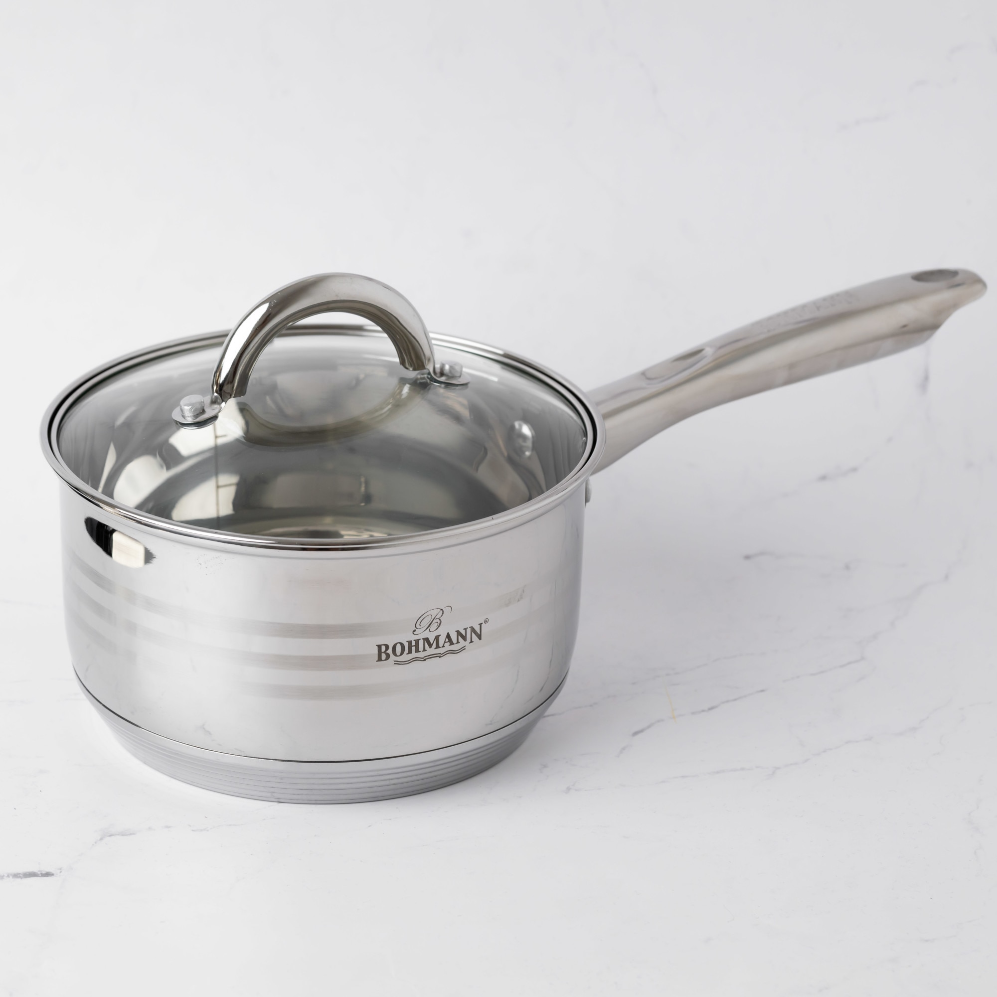 Cratita din inox pentru sos Bohmann, 2.7L, 18cm, capac sticla ...