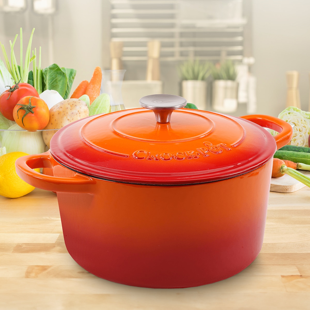 Vas cuptor cu capac, Crock-Pot, fonta emailata, rotund, portocaliu, 4 ...