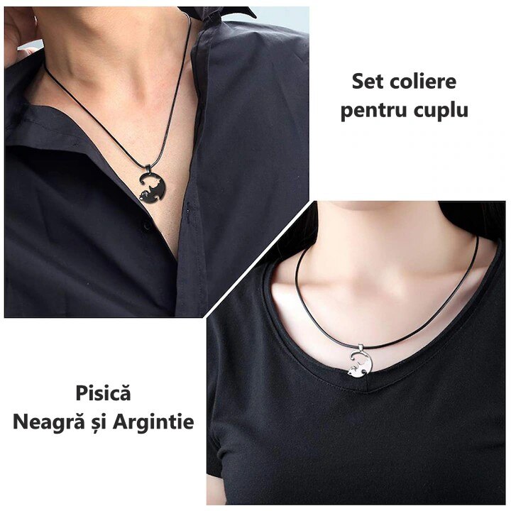 Set Colier Cuplu, 2 Buc, Pandantive Pisici, Reglabile, Unisex, Argintie ...