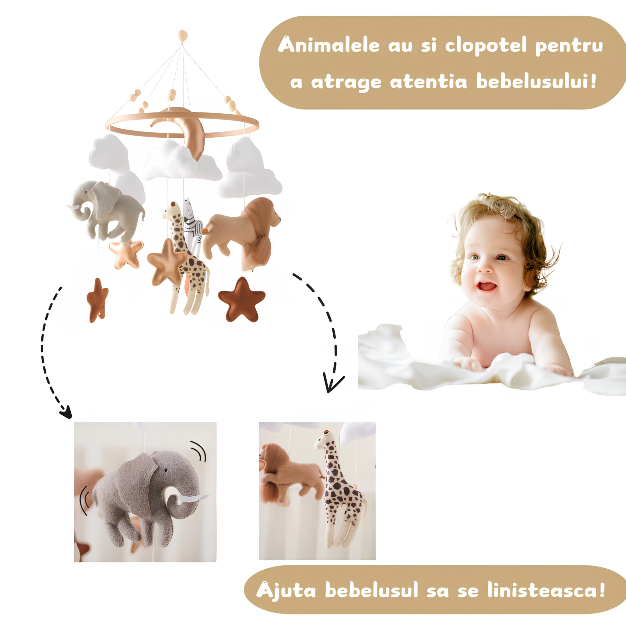 Carusel mobil pentru patut bebelus cu tematica animale Safari, Arelair ...