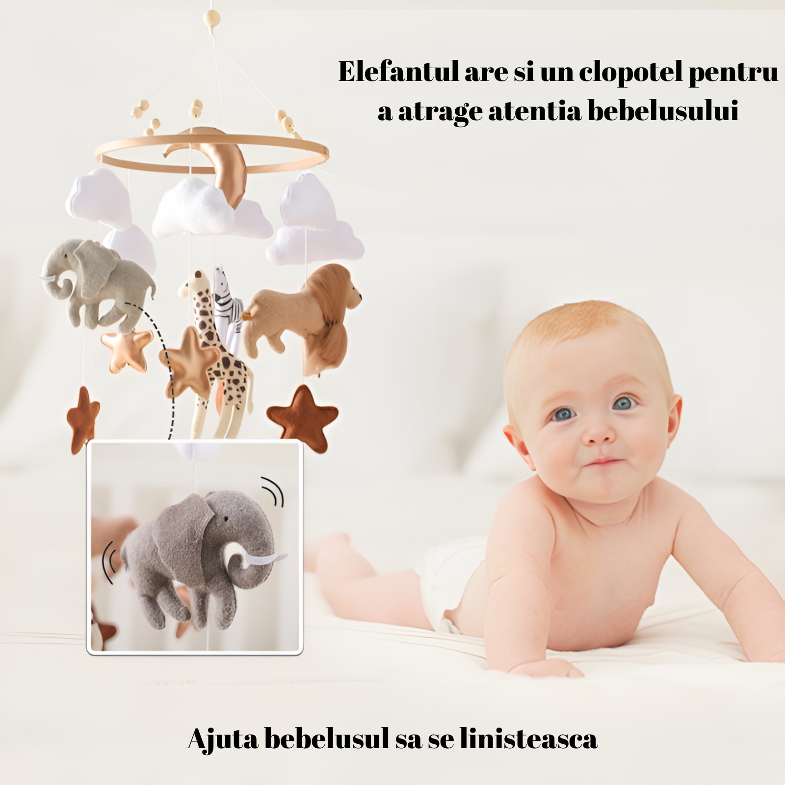 Carusel mobil pentru patut bebelus cu tematica animale Safari, Arelair ...