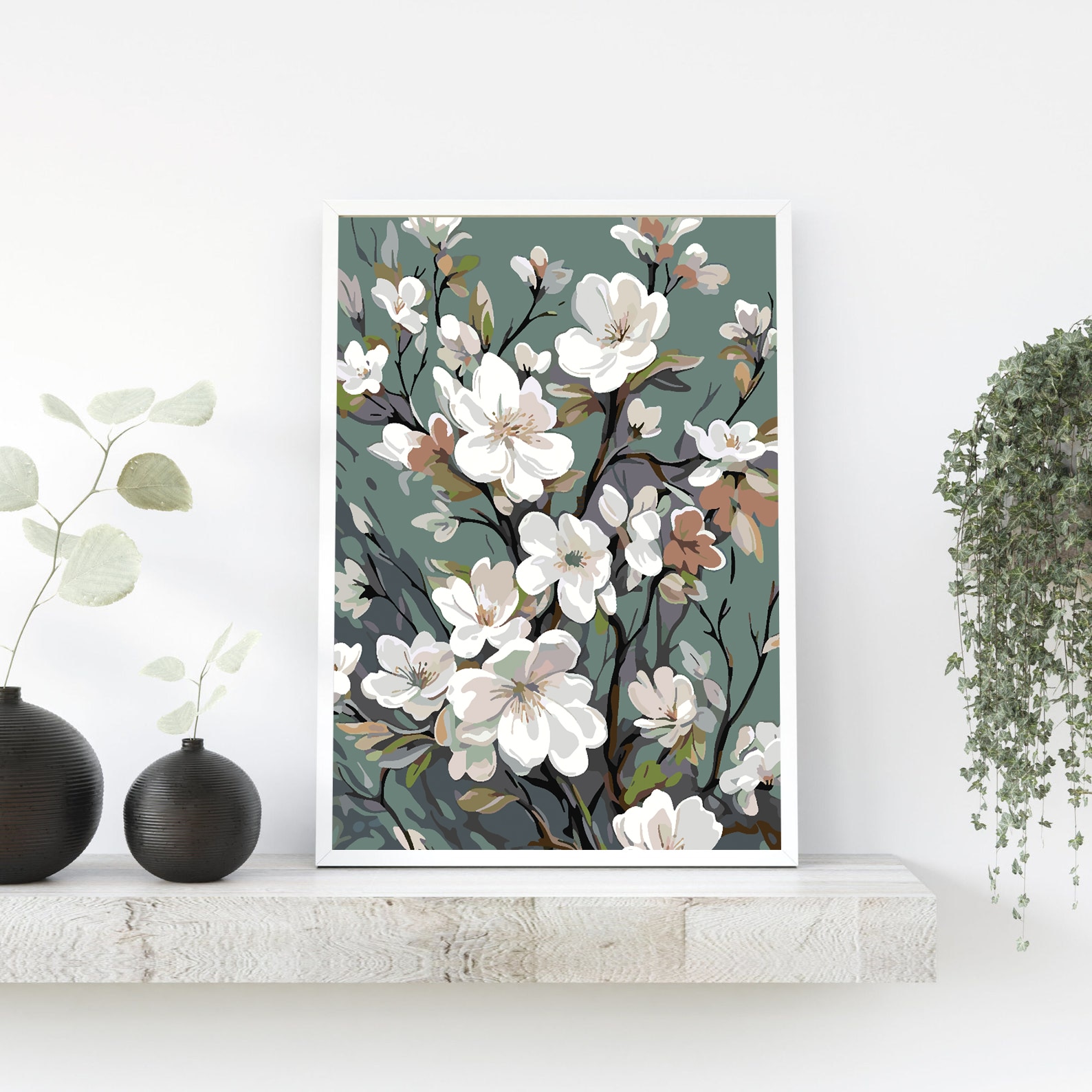 Set pictura pe numere Flori albe 4320, panza bumbac pe rama lemn, 40x50 ...