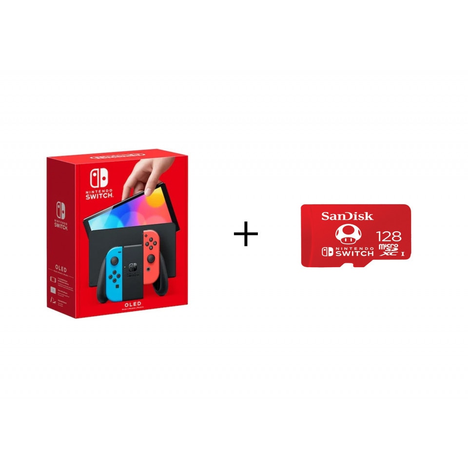 Bundle Consola Nintendo Switch OLED (Neon Blue/ Red Joy - Con) + Card de memorie SanDisk micro ...