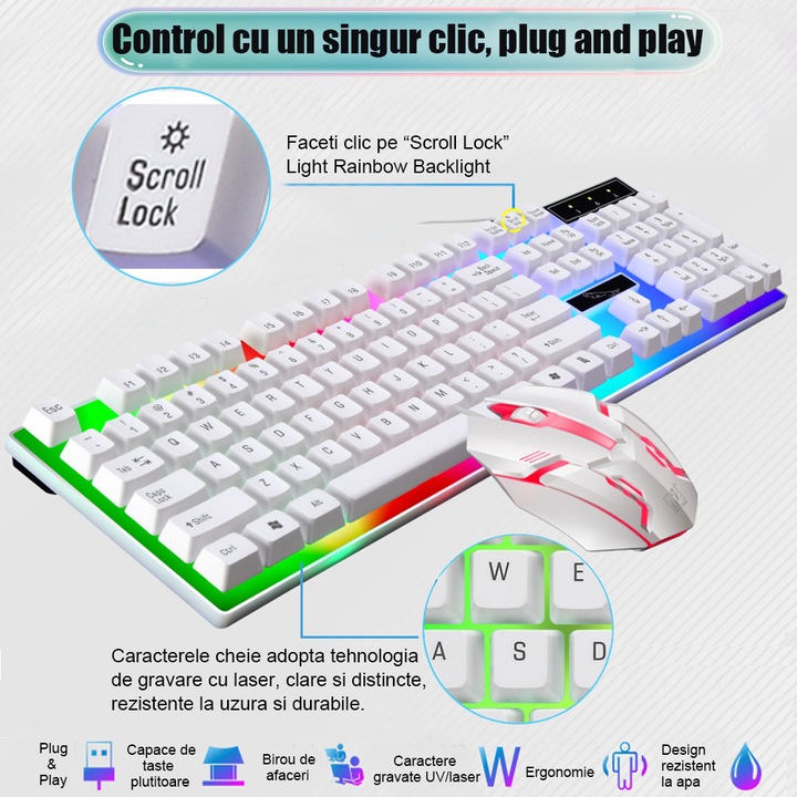 Kit Tastatura si Mouse wireless, Iluminare RGB, Impermeabil, 104 Taste ...