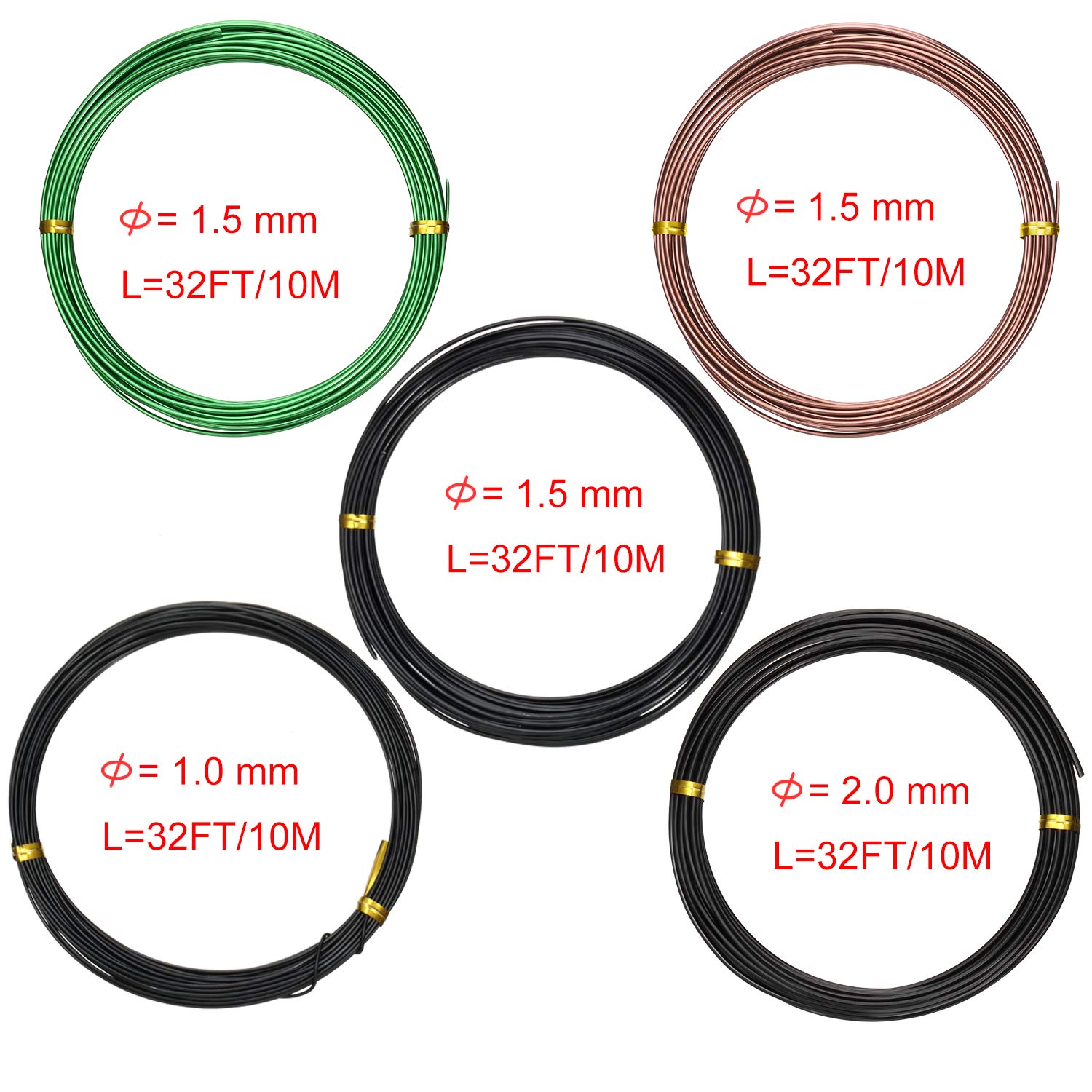 Set 5 Role Sarma Bonsai, 50m, Grosimi 1mm/1.5mm/2mm, Multicolor, 10m ...