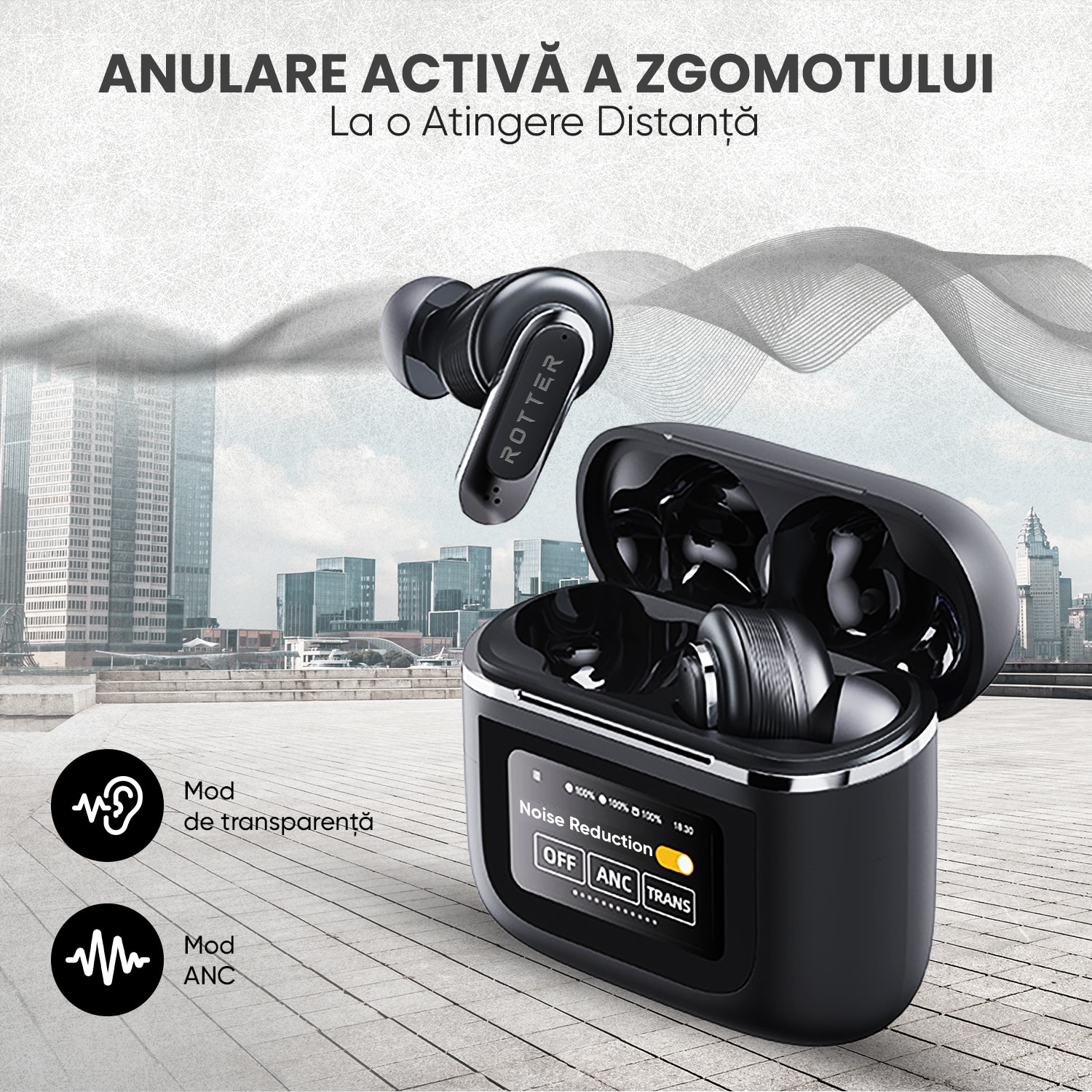 Casti wireless bluetooth ROTTER®️ cu Touch Screen si Anularea ...