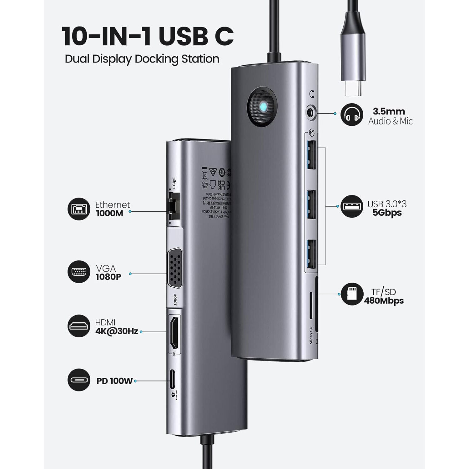 Adaptor USB-C 10 in 1, URWANDER®, Docking Station with HDMI 4K, VGA, 3 USB Port, PD 100W, SD&TF ...