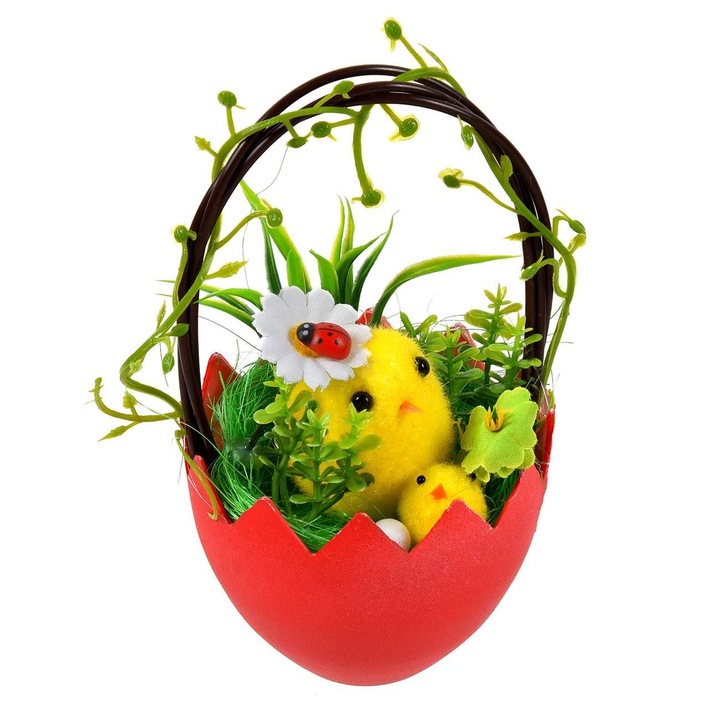 Cos decorativ de Paste Shopiens®, cu maner, rosu, cu puisori, flori si ...