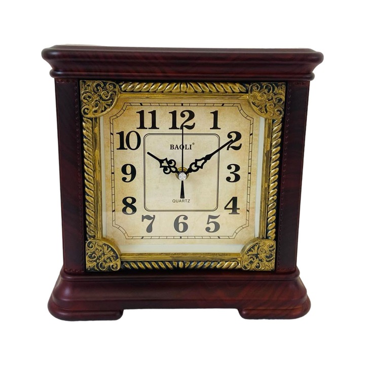 Ceas de birou BricoStar, patrat, maro cu auriu, plastic, cifre arabe ...