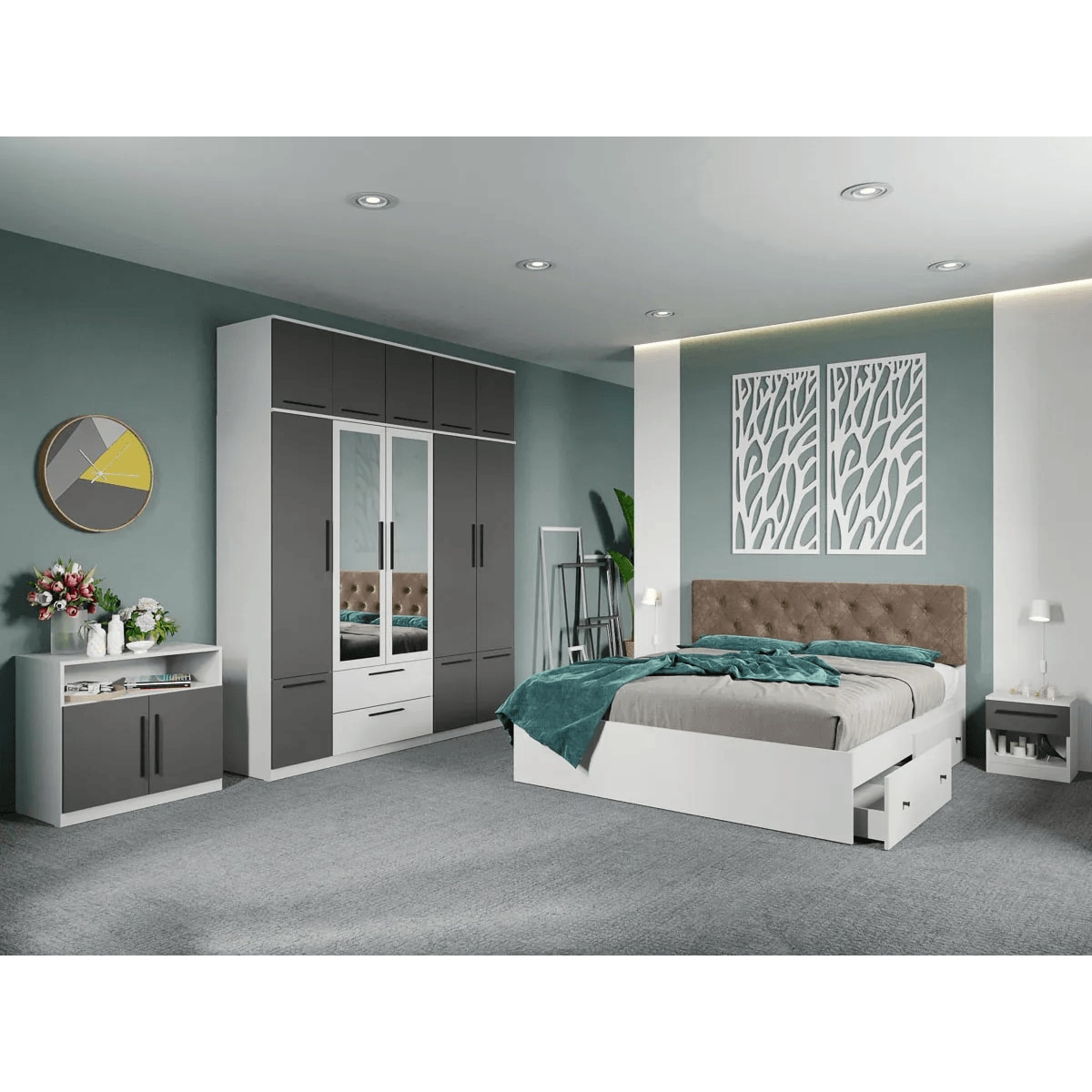 Set dormitor, Alb cu Gri, Madrid, C120, Dulap, Pat 160x200, Comoda ...