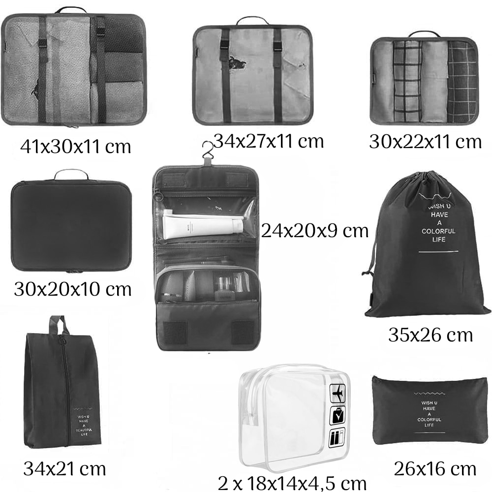 Set 8 huse organizare bagaj si 2 gentute cosmetice calatorie, Quasar ...