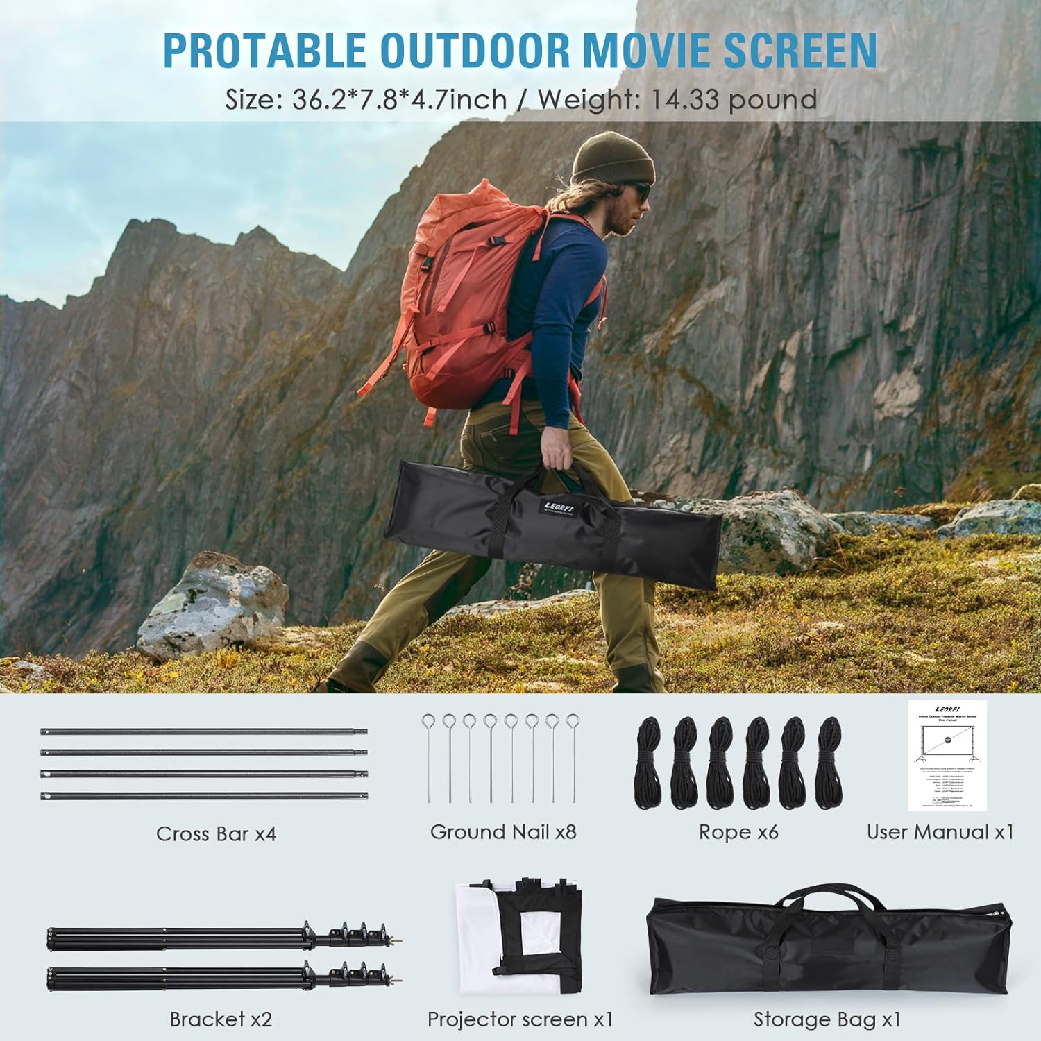 Ecran de proiectie LEORFI 180 inch cu suport, portabil exterior 16:9 HD ...