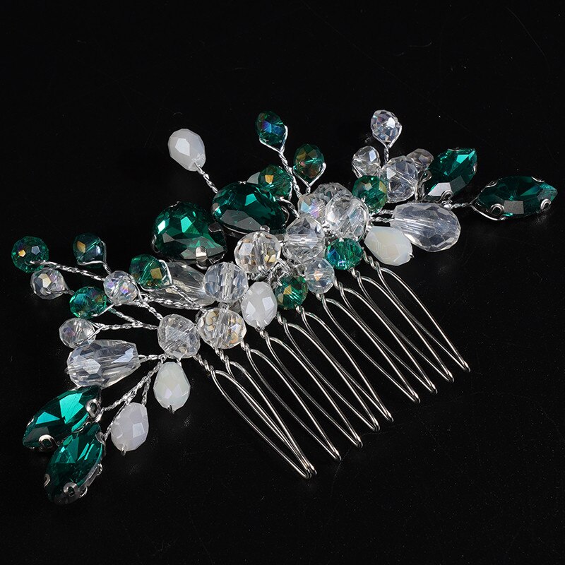 Accesoriu par argintiu, stil pieptene, cu margele si cristale verzi ...