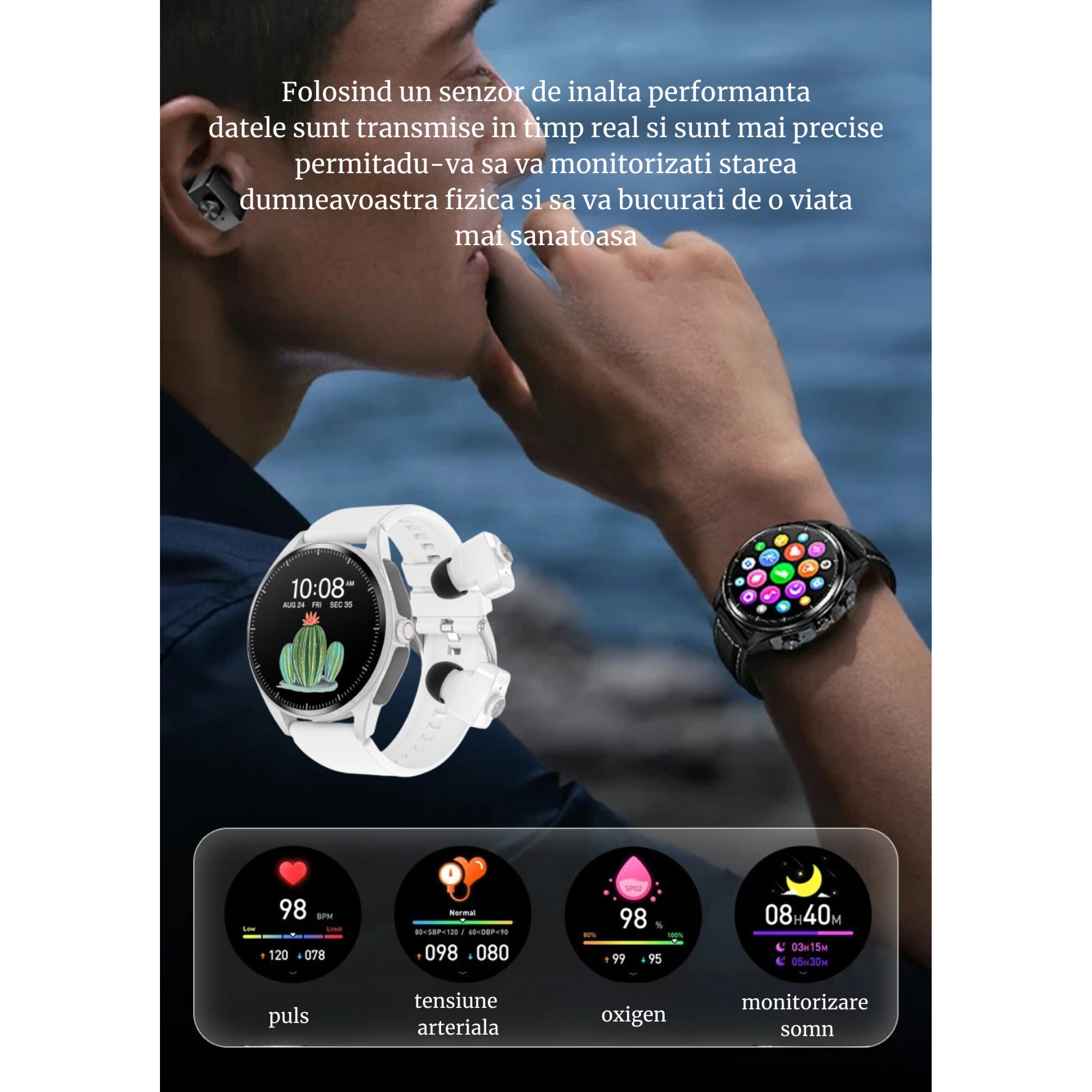 Ceas smartwatch ZEEVOS cu casti bluetooth TWS incorporate, apel ...