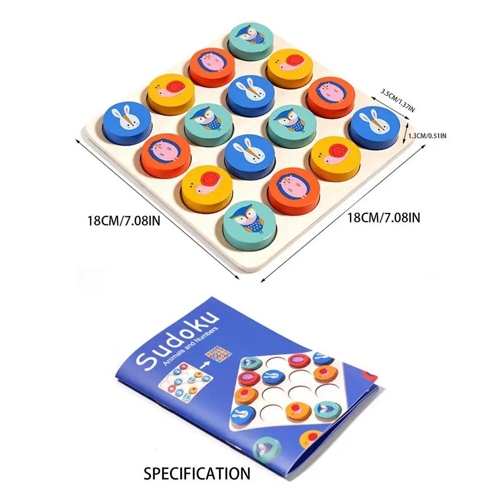 Joc de memorie Sudoku din lemn pentru copii, animale si numere, 16 ...