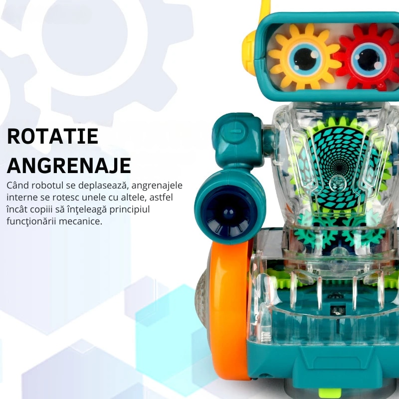 Robot Interactiv cu Lumini si Sunete, Transparent, Angrenaje Interioare Vizibile, se Deplaseaza ...