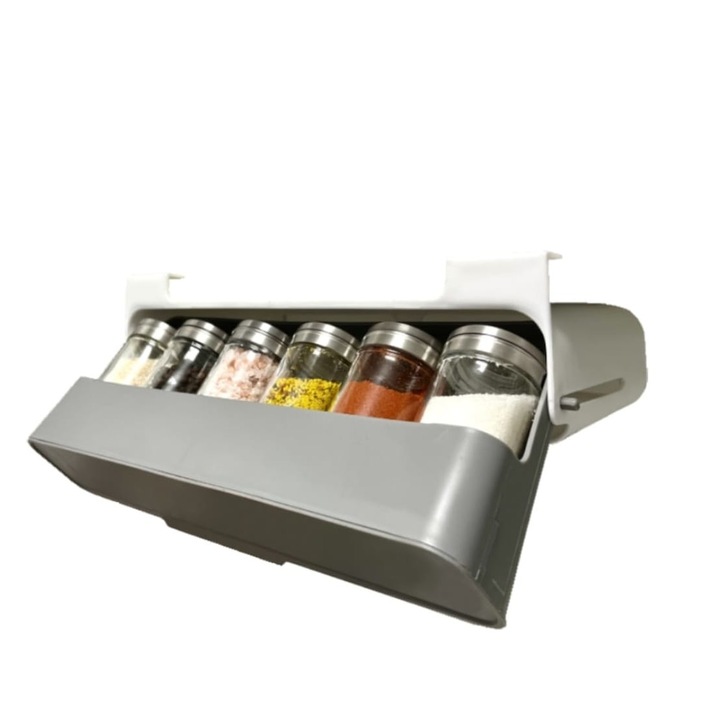 Raft cu organizator de condimente, 7 recipiente din sticla cu capac ...