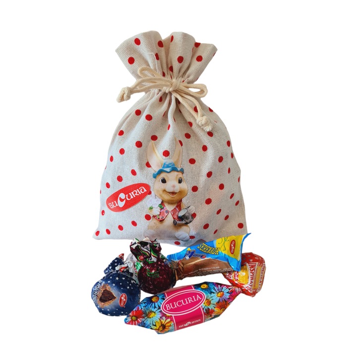 Set 2 saci cu imprimeu iepuras cu mix de bomboane Bucuria, 250g - eMAG.ro