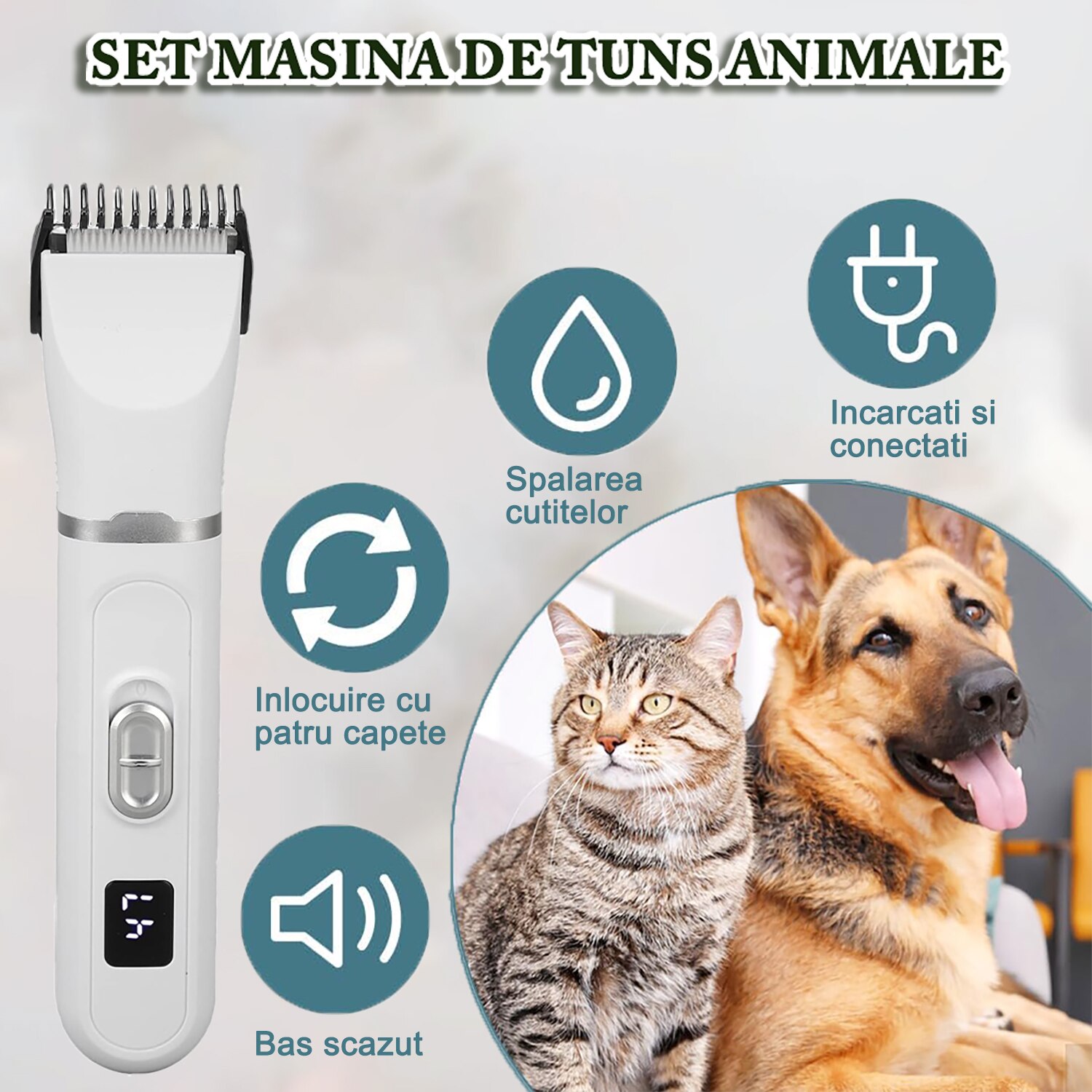 Masina de Tuns Animale, BYONDSELF®, 4 in 1, Lame Ceramice, si un capat ...