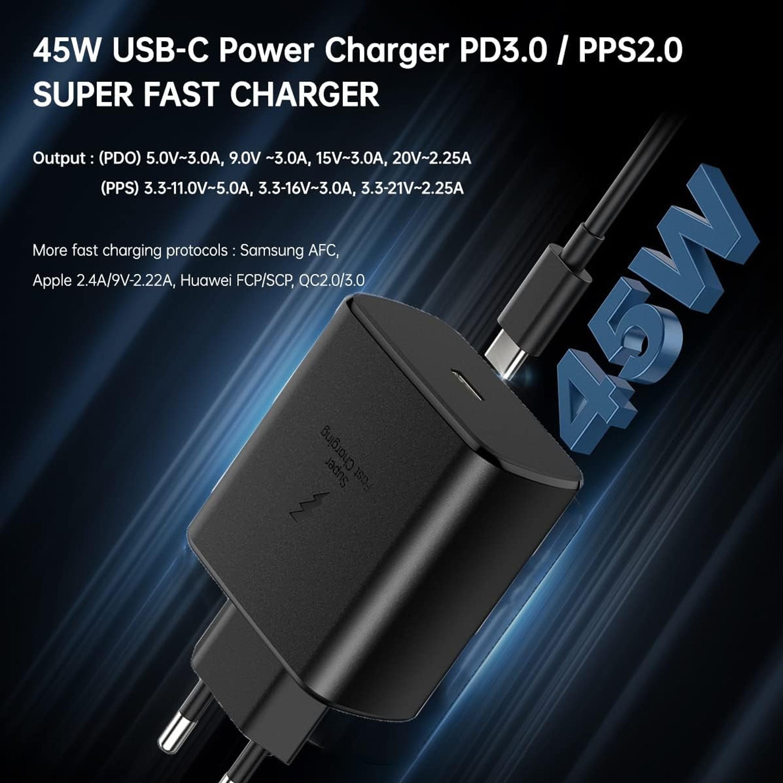 Incarcator Type-C Super Fast Charge, Hggzeg, 45W, Cablu 2 m, Iesire PDO ...