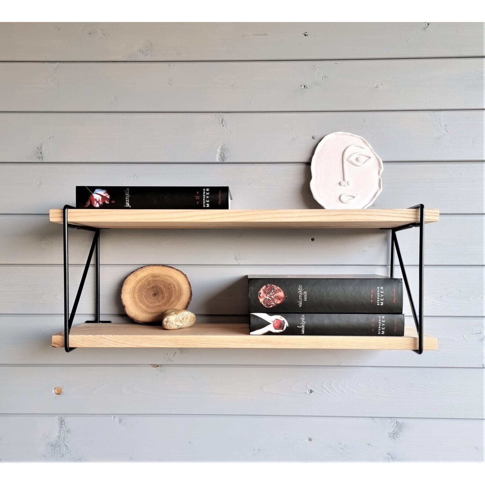 Set 2 Polite cu Console Metalice Pentru Perete, Stejar, 40 x 15 cm ...