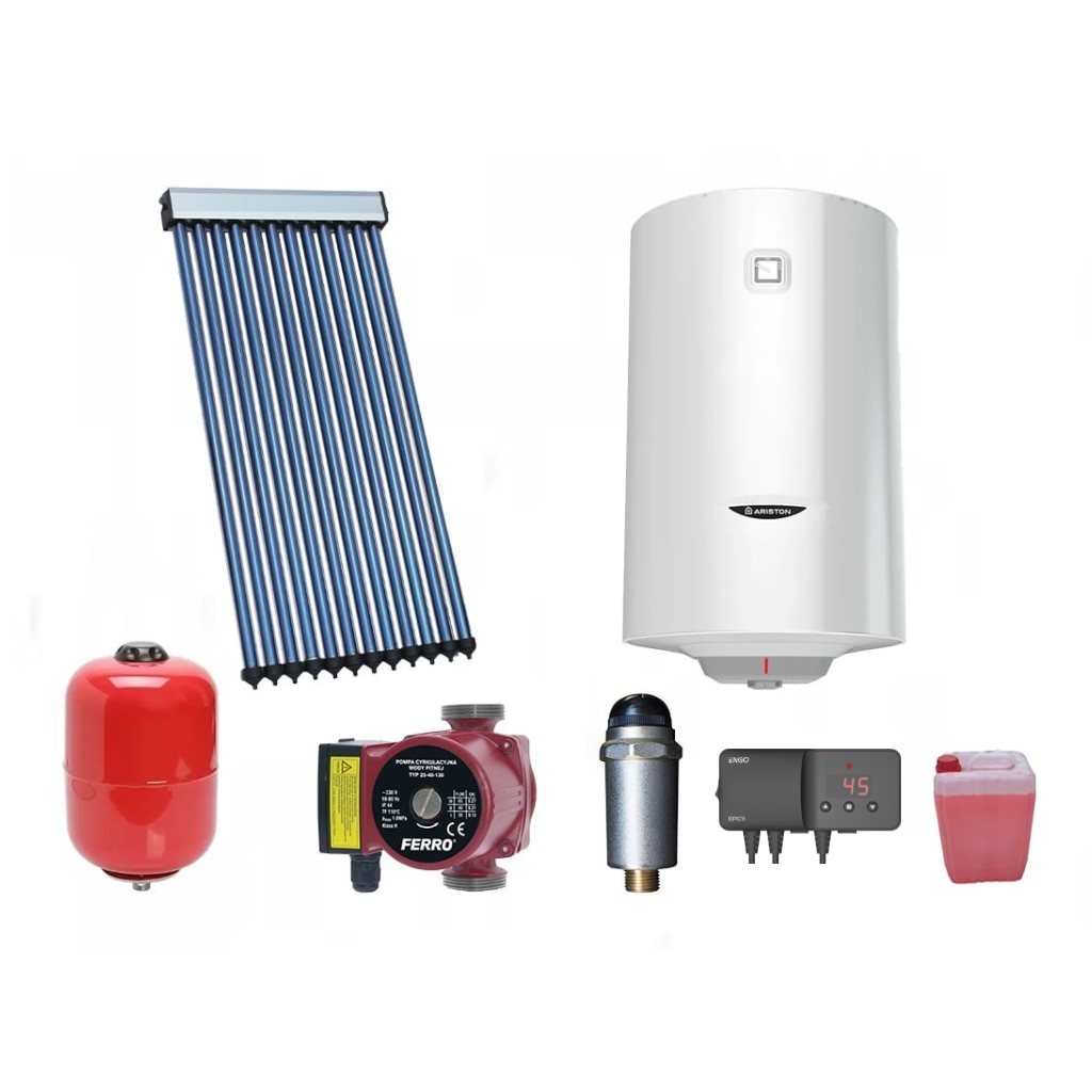Sistem solar presurizat apa calda 100L, colector 10 tuburi, boiler Ariston 100L 1s, antigel 10 L ...