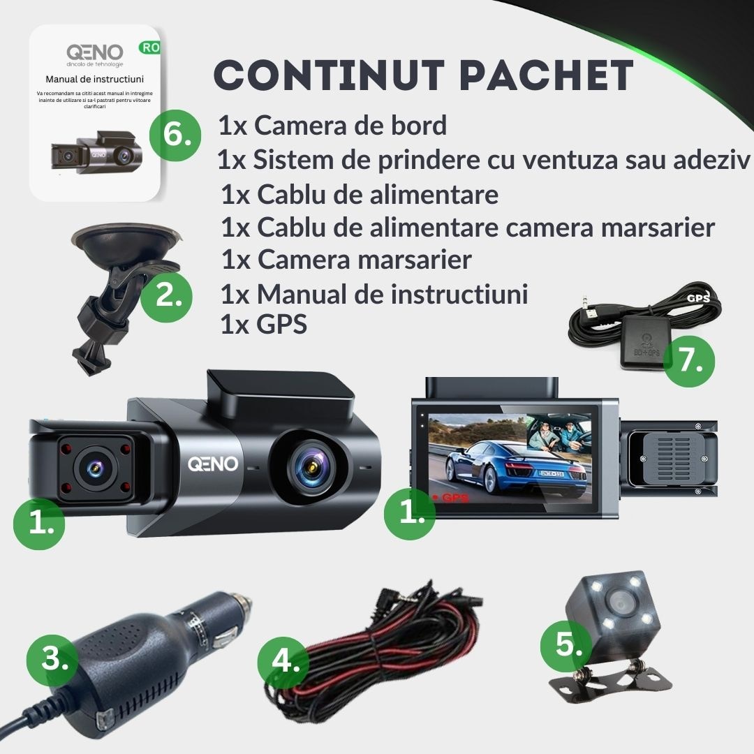 Camera Auto De Bord Tripla, 2K Full HD-1440P, Qeno® GoSafe, WDR, GPS ...