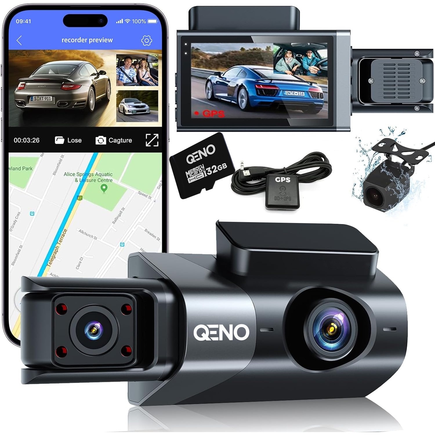 Camera Auto De Bord Tripla, 2K Full HD-1440P, Qeno® GoSafe, WDR, GPS ...