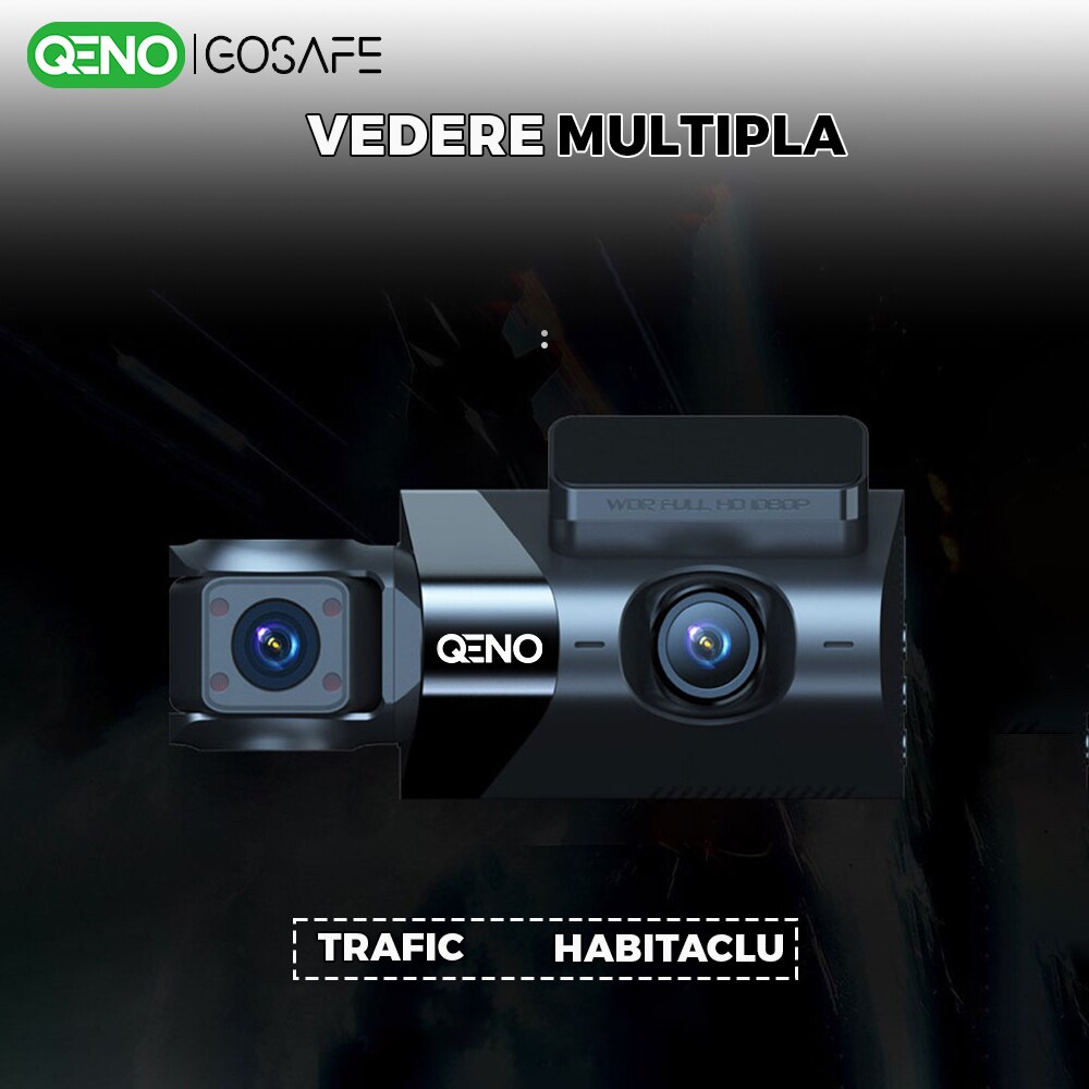 Camera Auto De Bord Tripla, 2K Full HD-1440P, Qeno® GoSafe, WDR, GPS, WIFI, G-Senzor Reglabil ...
