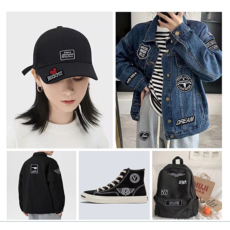 Set 15 petice textile, JENUOS®, patch brodat, diverse dimensiuni, Negru ...