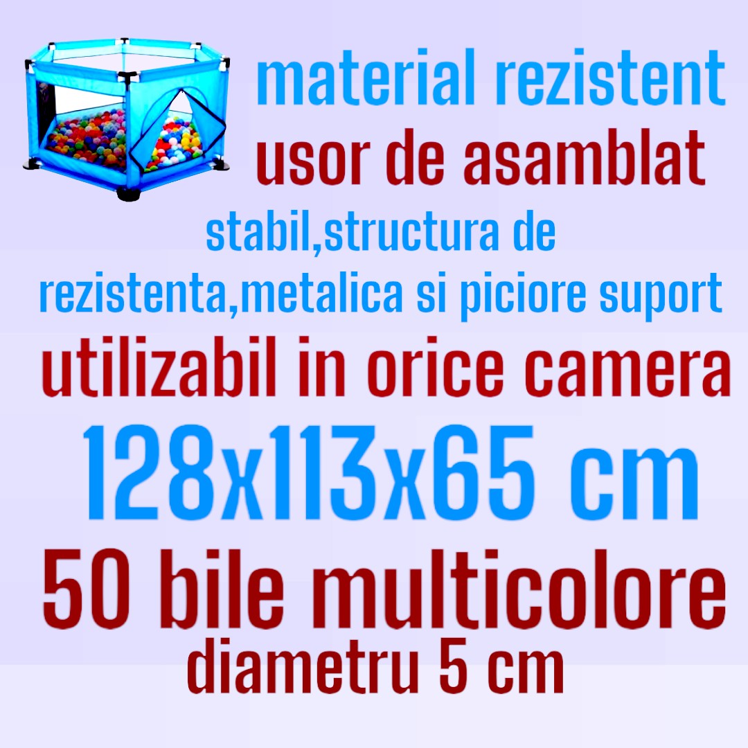 Tarc de joaca si protectie bebelusi, albastru, 128x113x65 cm, cu 50 ...